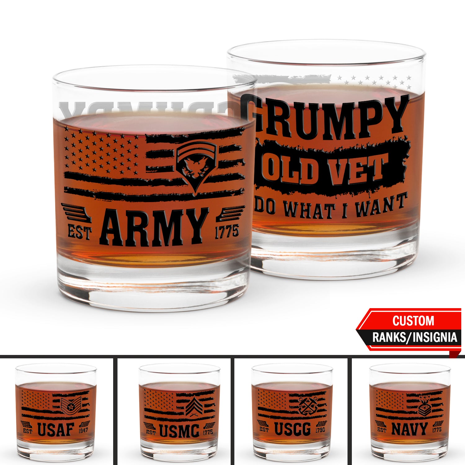 Custom US Military Ranks/Insignia JRGL02 Patriotic Eagle Rocks Glass