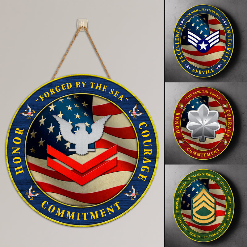 Custom Round Wood Sign, Military Mottos, Core Values With Military Ran
