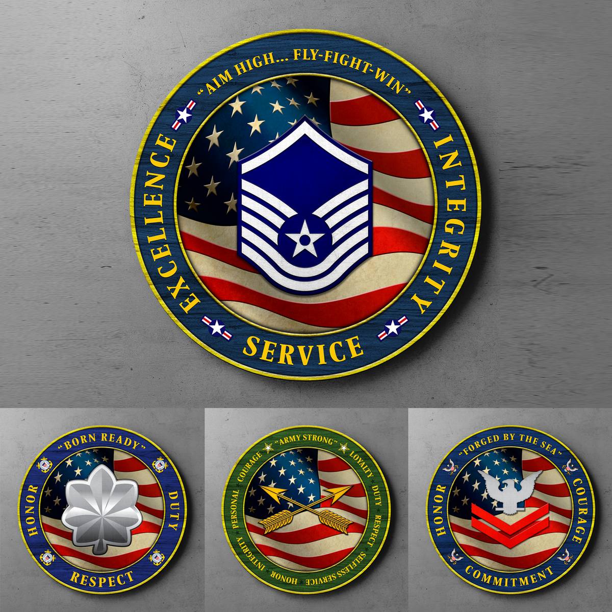 Custom Round Wood Sign, Military Mottos, Core Values With Military Ran
